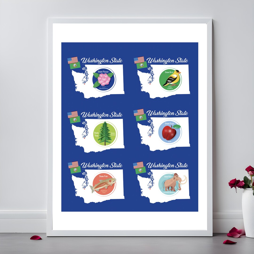 Washington State Symbols Map Poster, Hand-drawn Art (digital Download ...