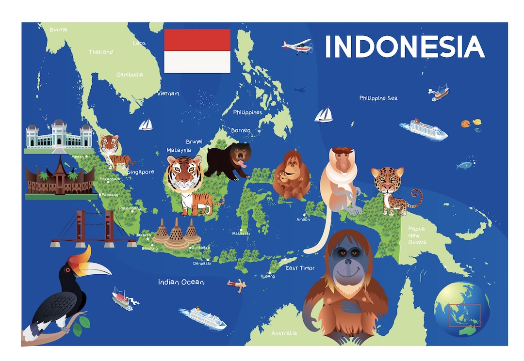 INDONESIA CARTOON MAP | Indonesia Travel Map | Digital Indonesia Map ...