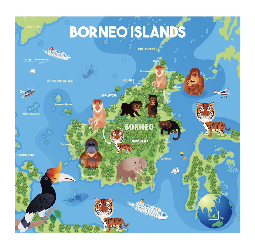 BORNEO ISLANDS MAP | Borneo Travel Map | Indonesia, Malaysia & Brunei ...