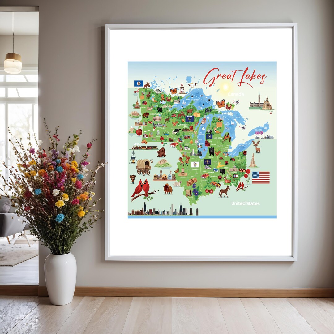 Great Lakes Cartoon Map – Michigan, Ohio, Indiana, Wisconsin, Illinois ...