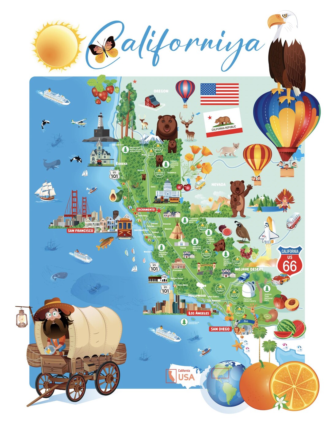 Travel Map of CALIFORNIA, Cartoon Map of CALIFORNIA, California ...