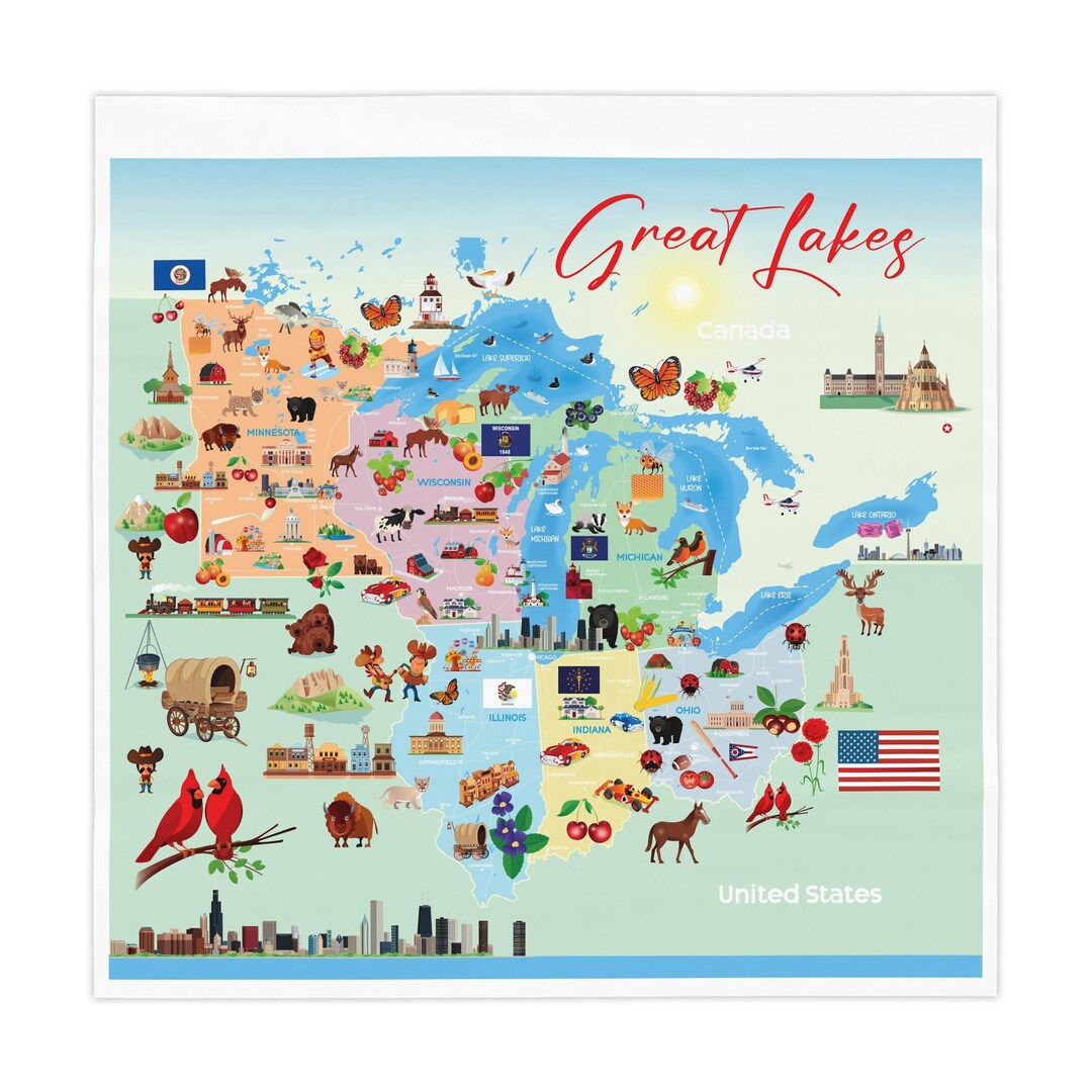 Great Lakes Cartoon Map Tablecloth Unique and Fun Decor for Lake Lovers ...