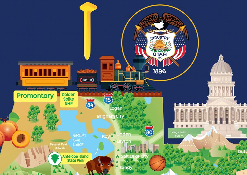 Cartoon Map of UTAH STATE - Etsy