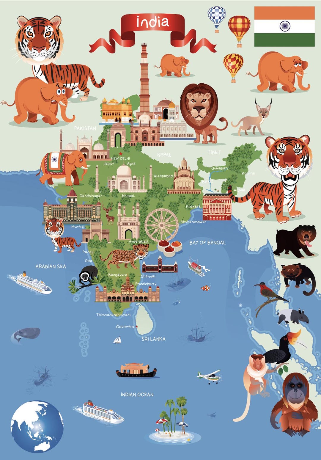 India Travel Map, Cartoon Map of India, Travel Map of India - Etsy