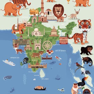 India Travel Map, Cartoon Map of India, Travel Map of India - Etsy