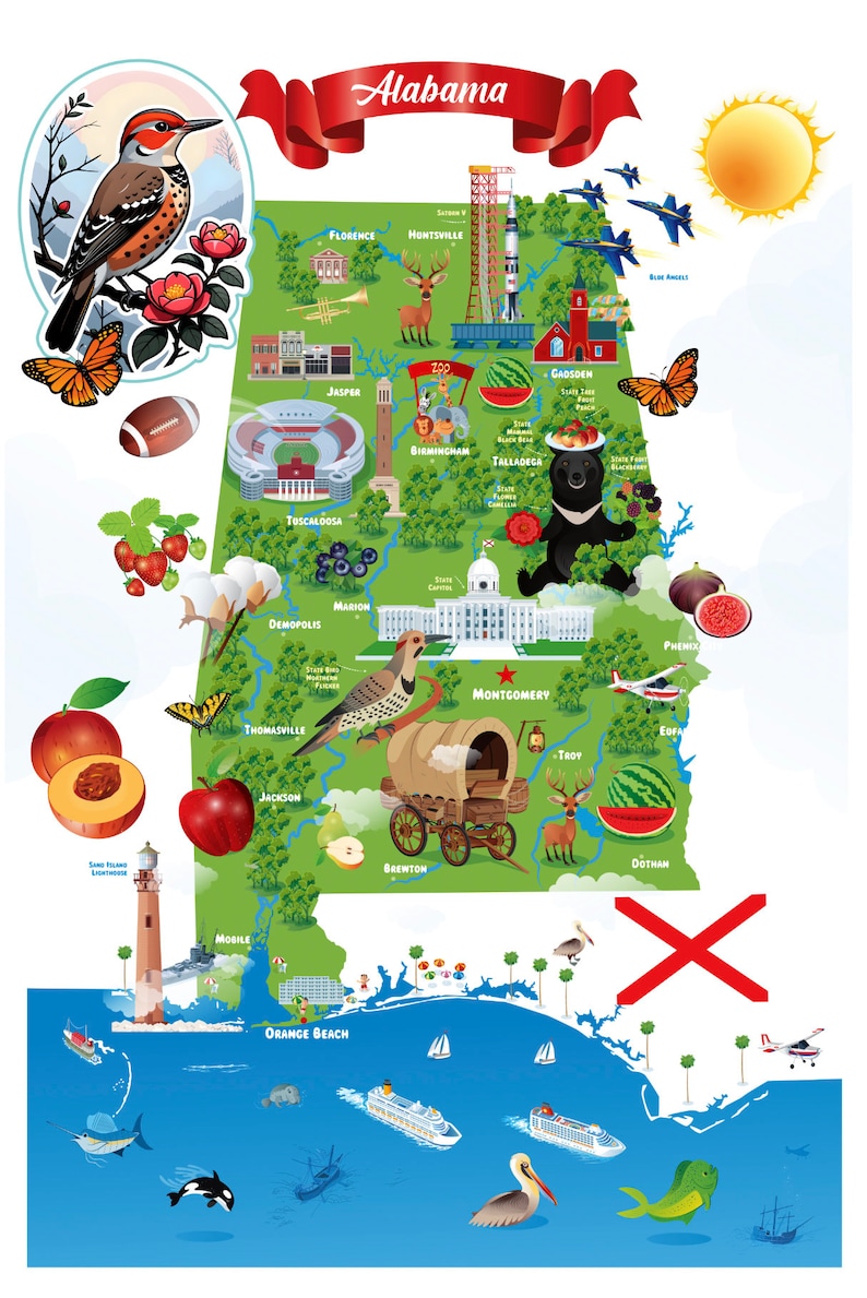 Alabama State Cartoon Maps - Etsy