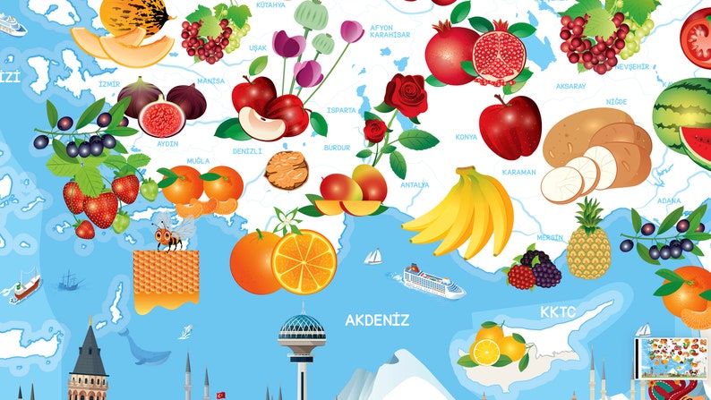 Turkey Fruits Map Poster | Educational Turkish Culture Art (digital ...