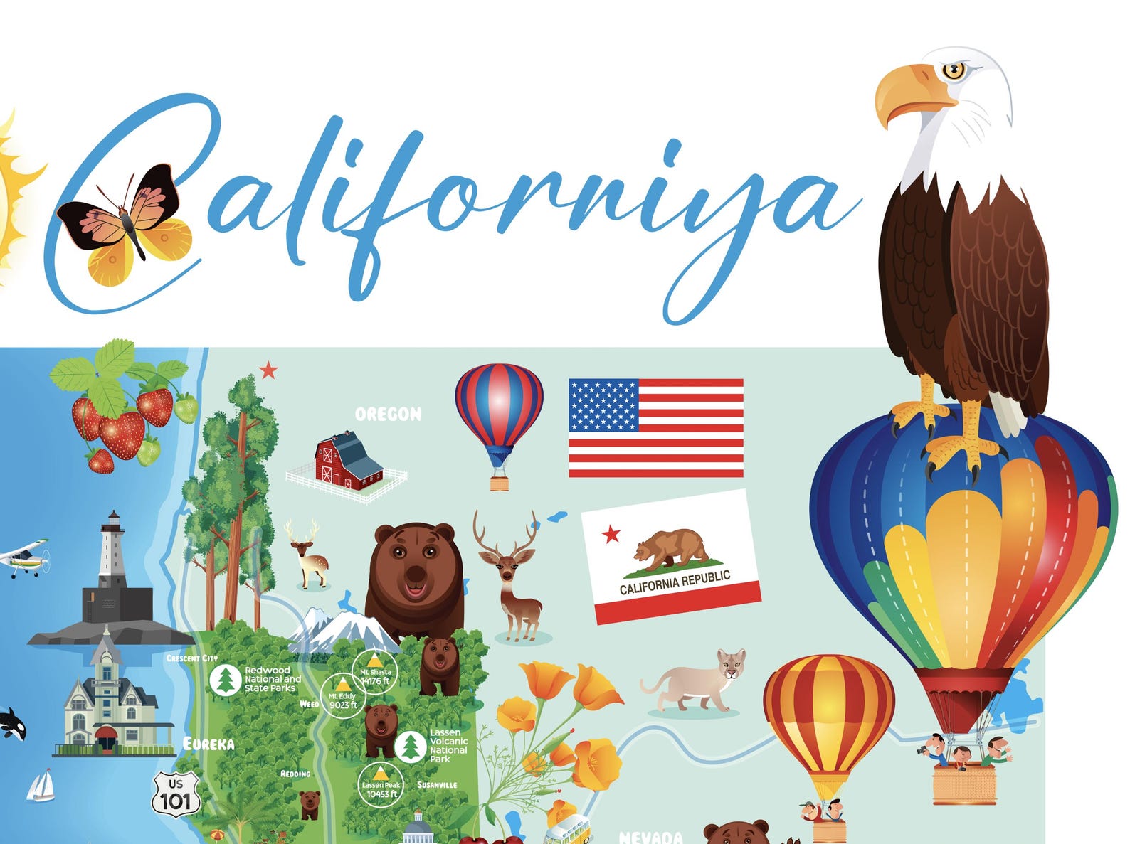 Travel Map of CALIFORNIA, Cartoon Map of CALIFORNIA, California ...
