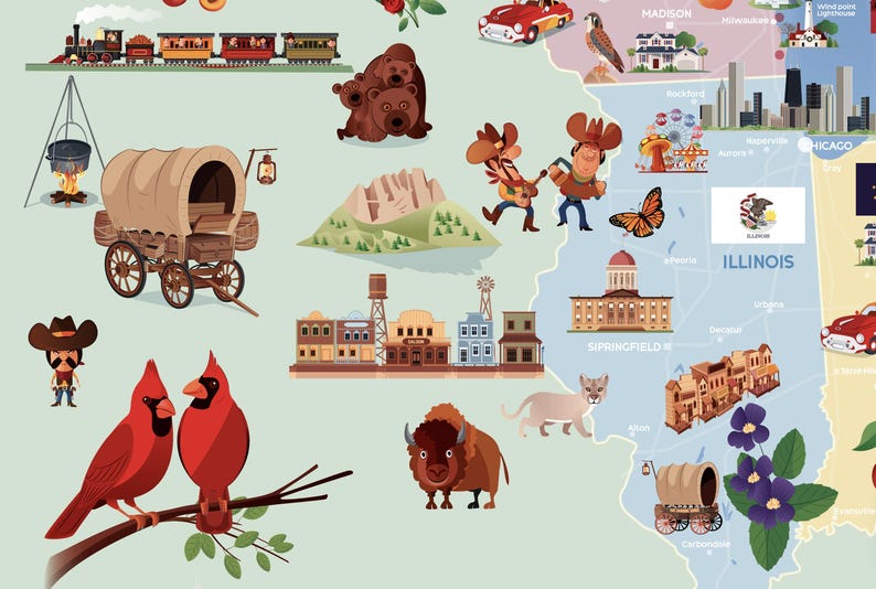 Lakes Cartoon Map Art Print | Midwest Travel Poster (digital Download ...