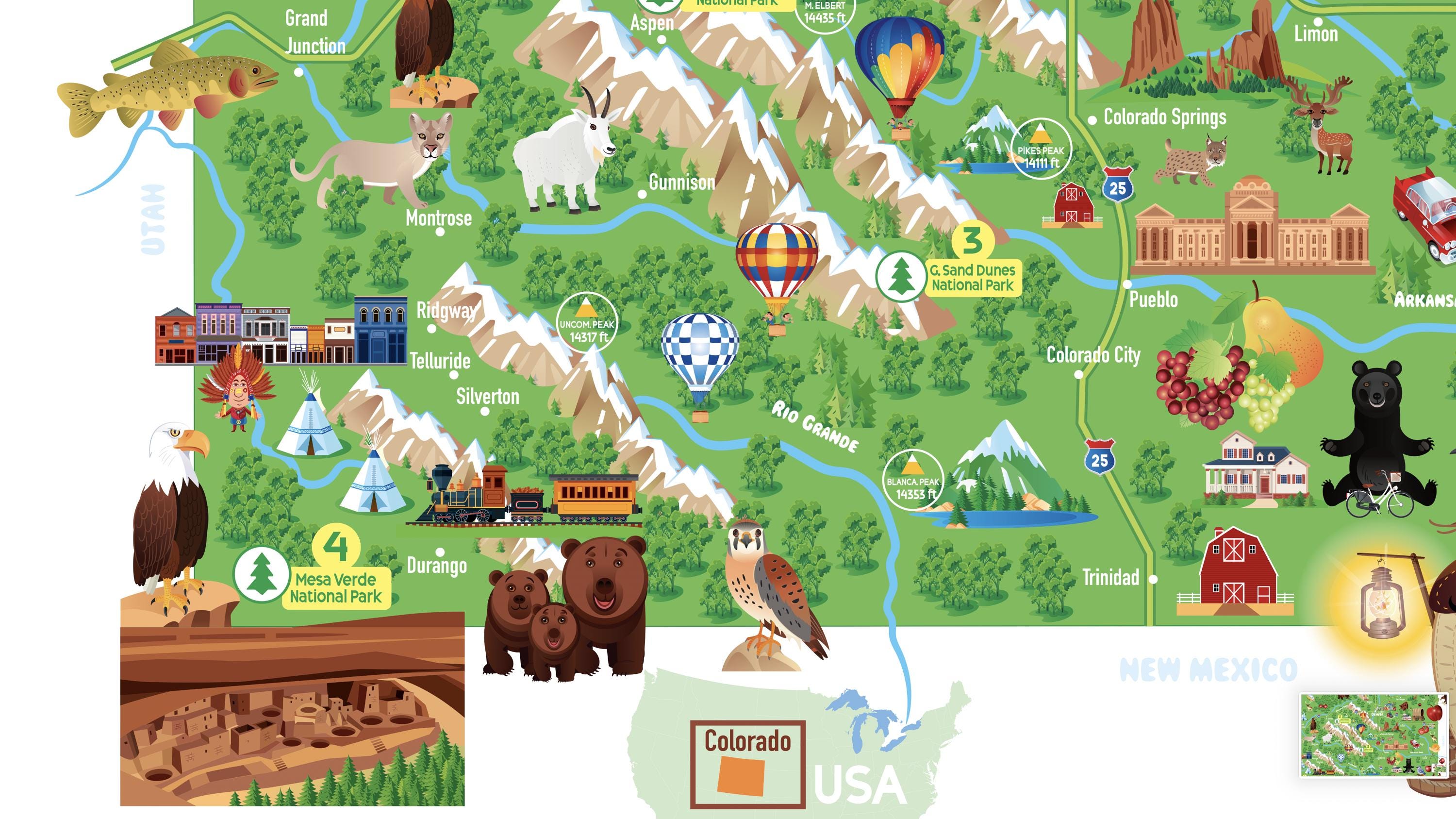Cartoon Map of COLORADO, Travel Map of Map of COLORADO, Colorado Map ...