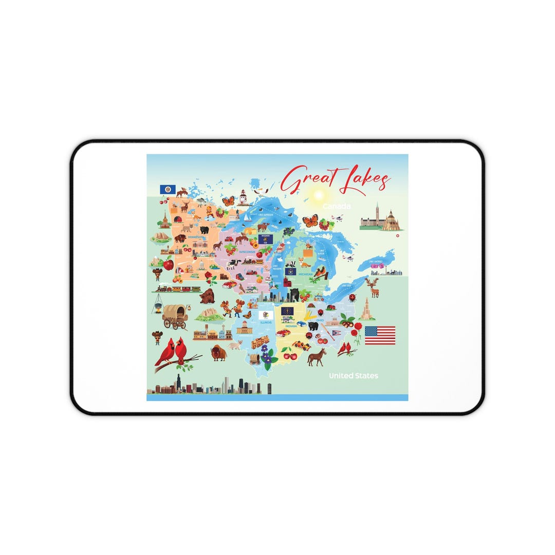 Great Lakes Cartoon Map Desk Mat Fun and Unique Desk Accessory for Lake ...