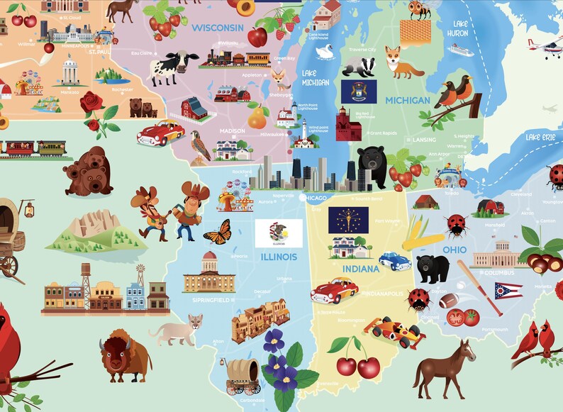Lakes Cartoon Map Art Print | Midwest Travel Poster (digital Download ...