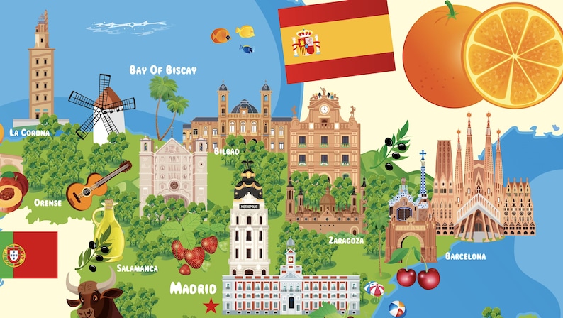 Spain Travel Map Print: Iberian Peninsula Wall Art (digital Download ...