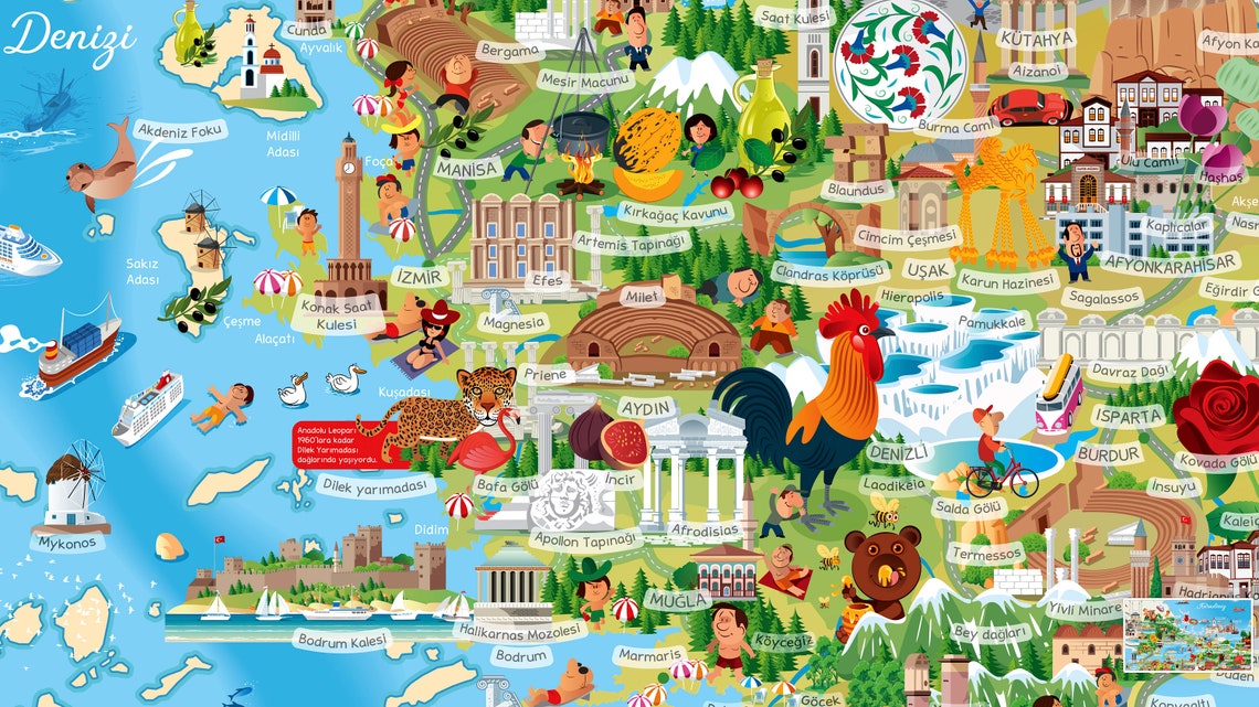 Turkey Cartoon Map Poster, Istanbul Cartoon Map Poster, Anatolia ...