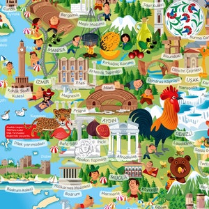 Turkey Cartoon Map Poster, Istanbul Cartoon Map Poster, Anatolia ...