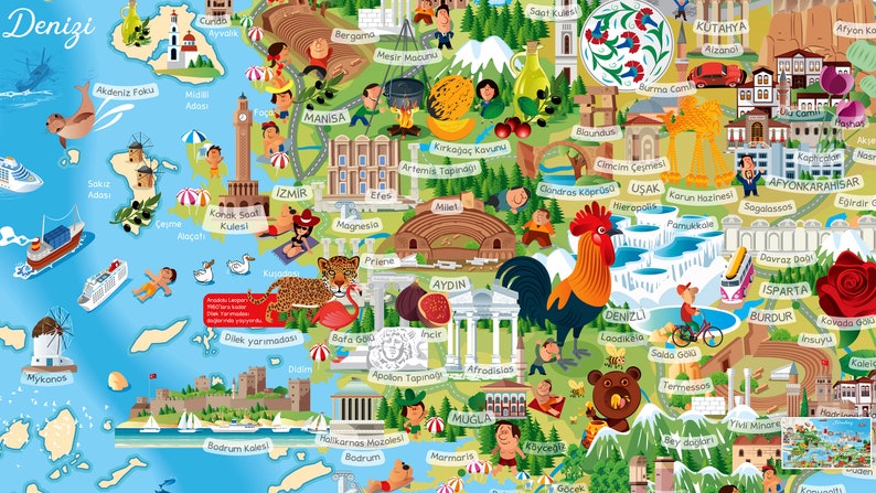 Turkey Cartoon Map Poster, Istanbul Cartoon Map Poster, Anatolia ...