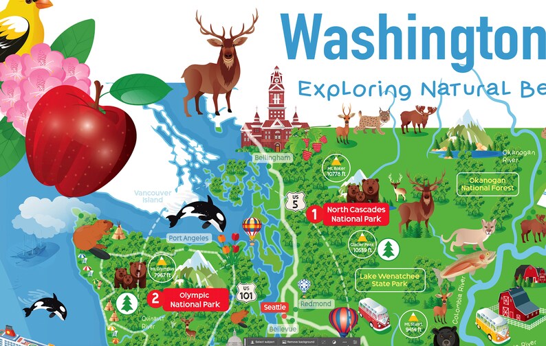 Washington State National Park Map: Mount Rainier, Olympic, North ...