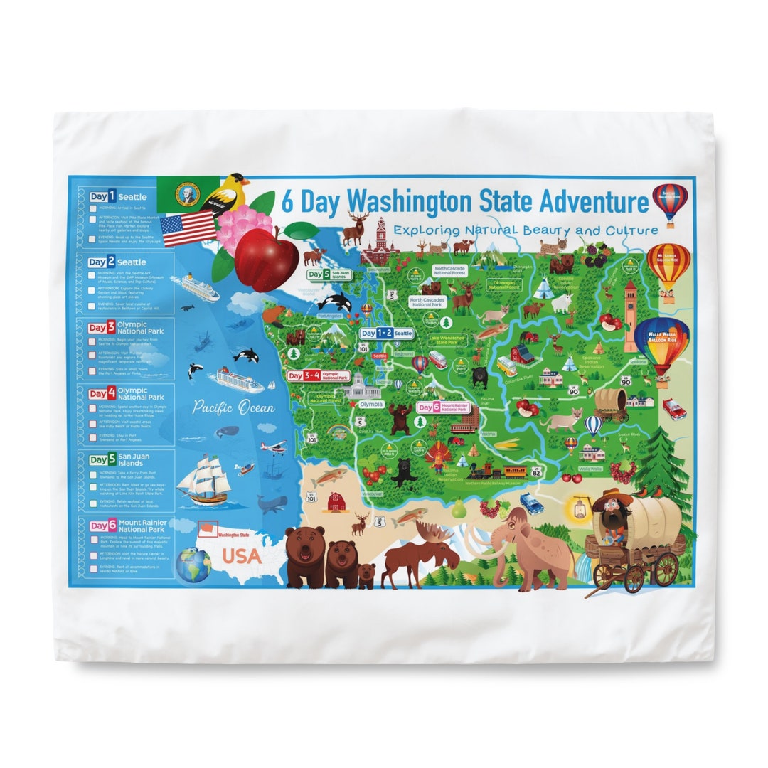 Washington State Travel Map Duvet Cover, Washington State Cartoon Map ...