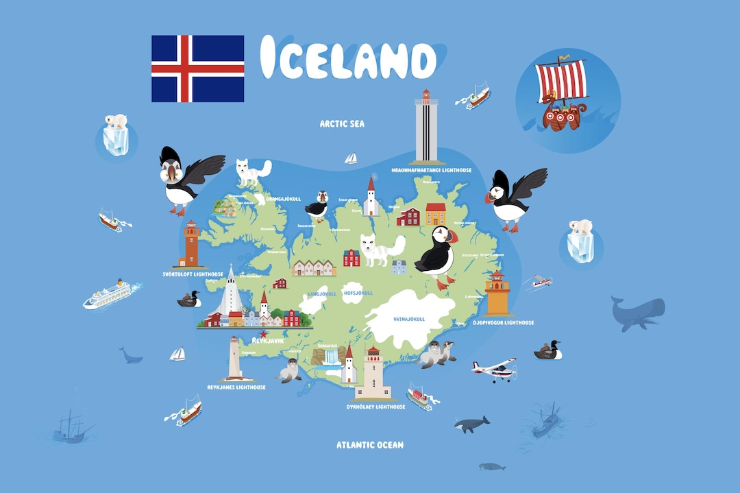 Iceland Cartoon Travel Map | Landmarks & Wildlife (digital Download) - Etsy