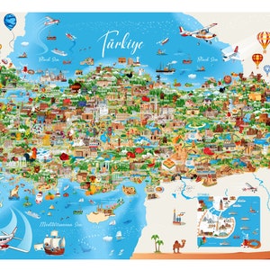 Turkey Cartoon Map Poster, Istanbul Cartoon Map Poster, Anatolia ...