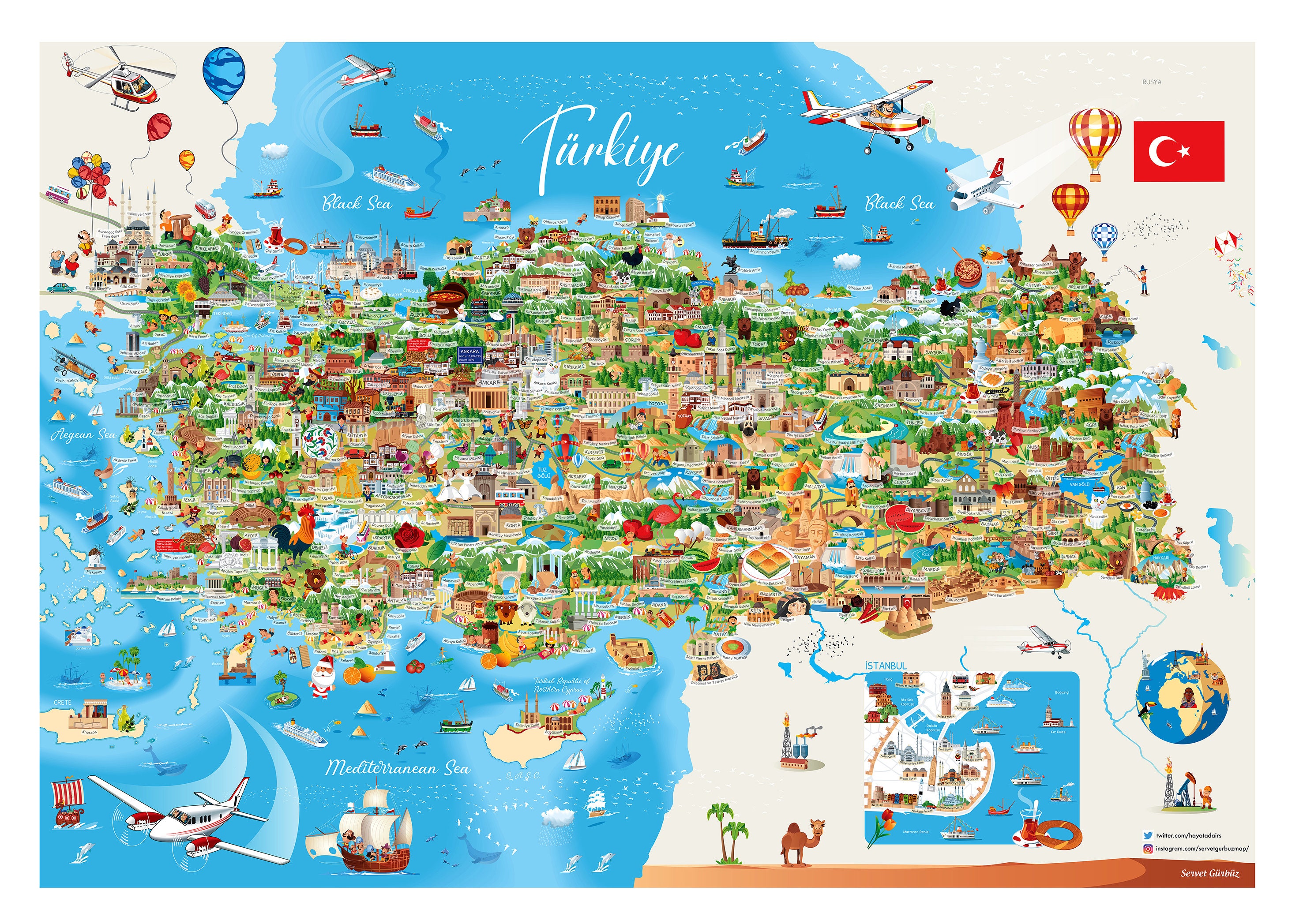 Turkey Cartoon Map Poster, Istanbul Cartoon Map Poster, Anatolia ...