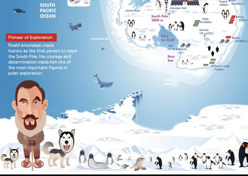 Antarctica Map, Stunning Antarctica Map Poster Featuring Roald Amundsen ...