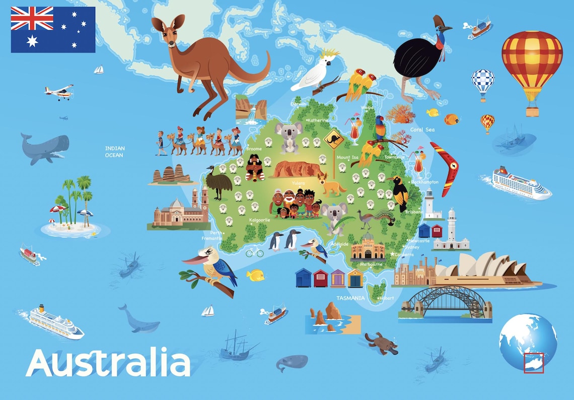 Cartoon Map of Australia, Map of Australia, Australia Map - Etsy