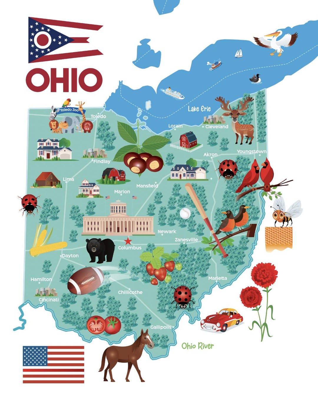 Cartoon Map of Ohio State Map Poster, Digital Download - Etsy