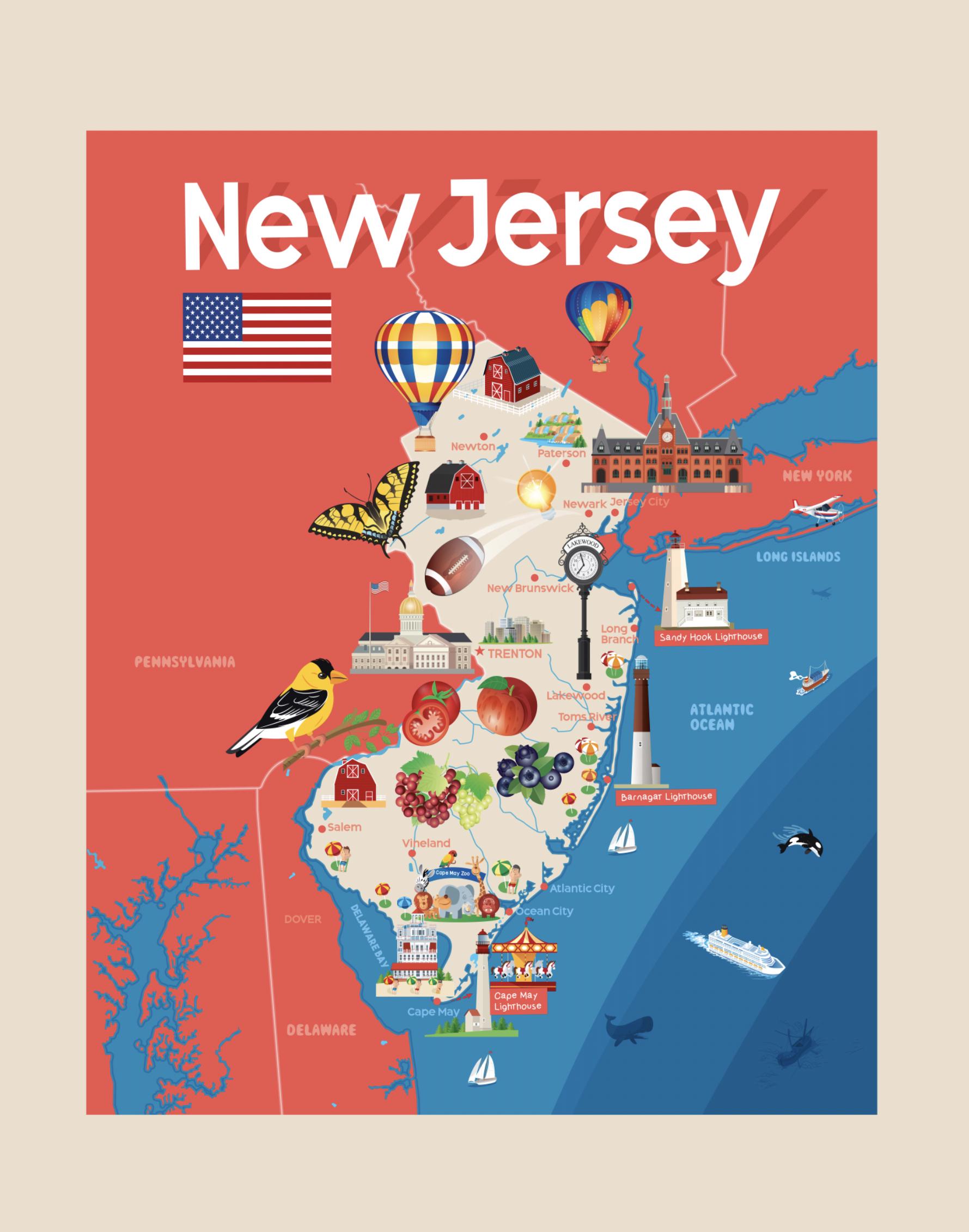 New Jersey Cartoon Map Poster Fun and Educational Digital Map, New ...