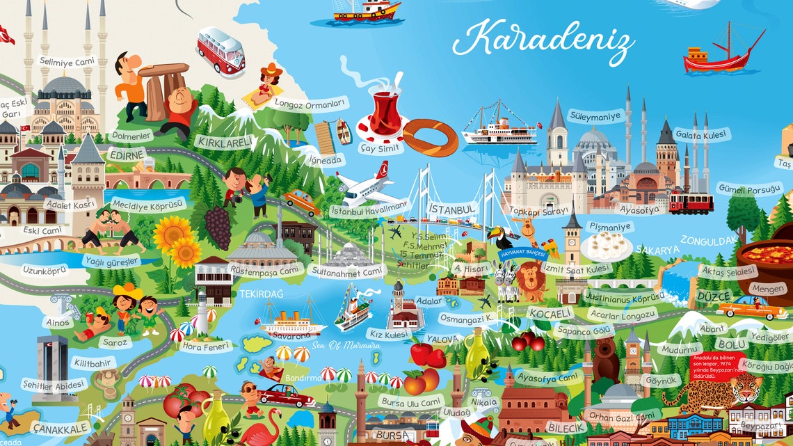 Turkey Cartoon Map Poster, Istanbul Cartoon Map Poster, Anatolia ...