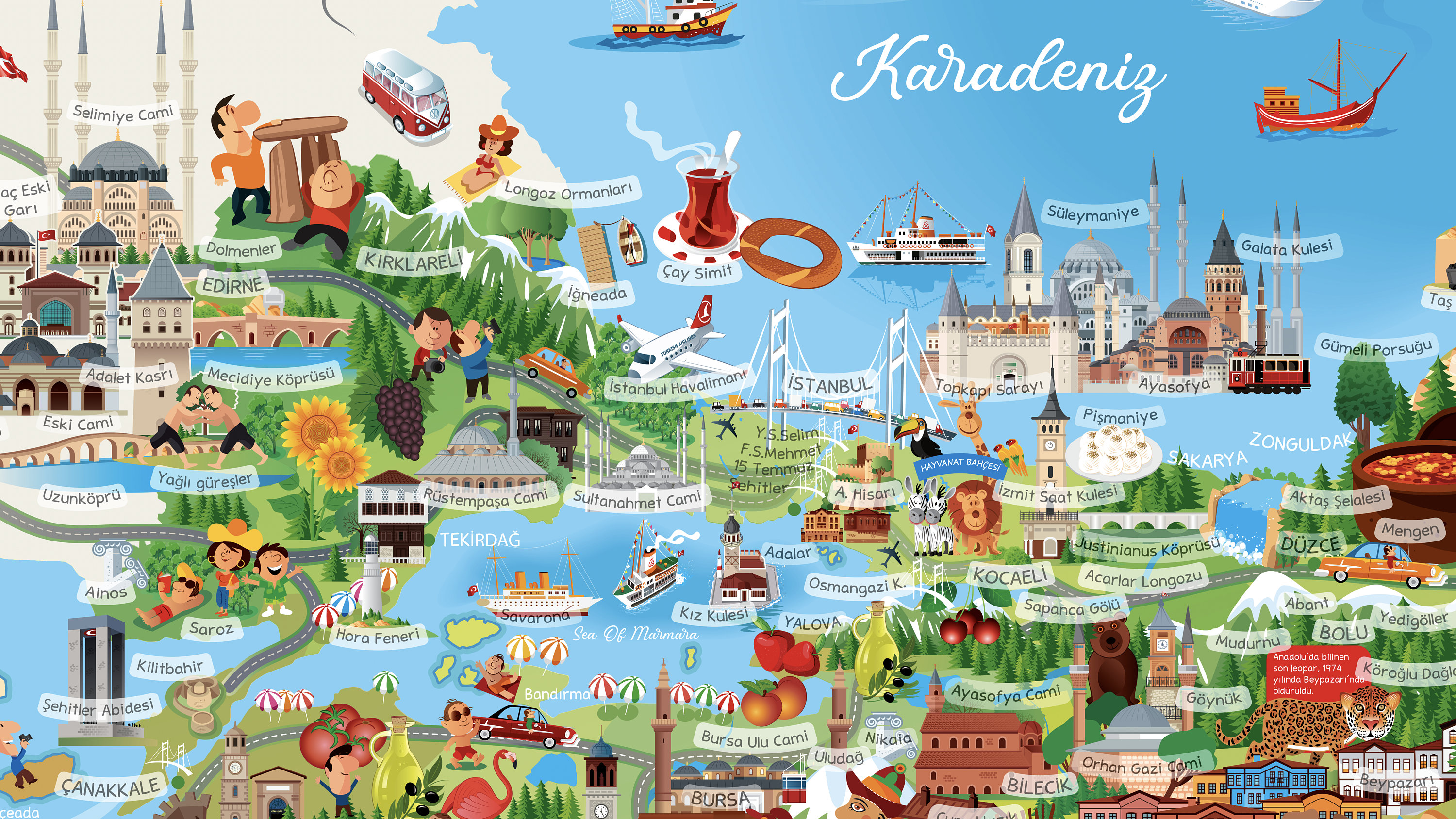 Turkey Cartoon Map Poster, Istanbul Cartoon Map Poster, Anatolia ...