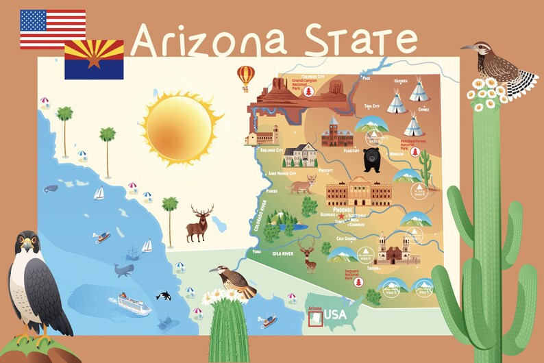 Arizona State Cartoon Map – Educational Kids Poster (digital Download ...