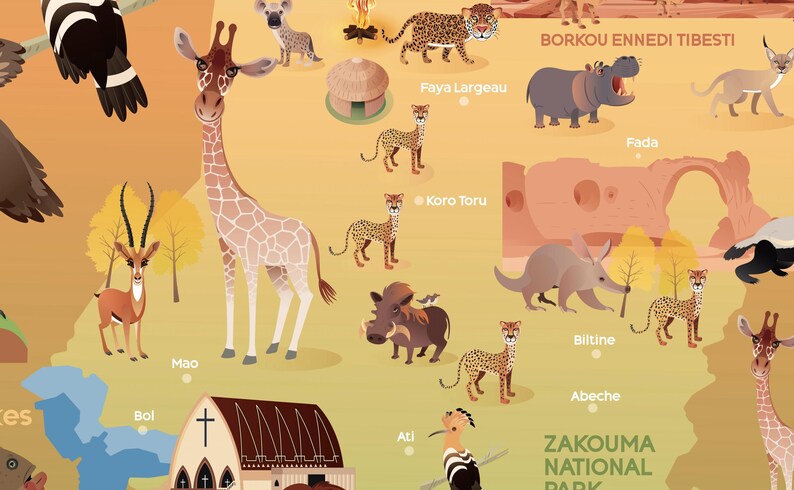 Chad Wildlife Cartoon Map | Educational Africa Poster (digital Download ...