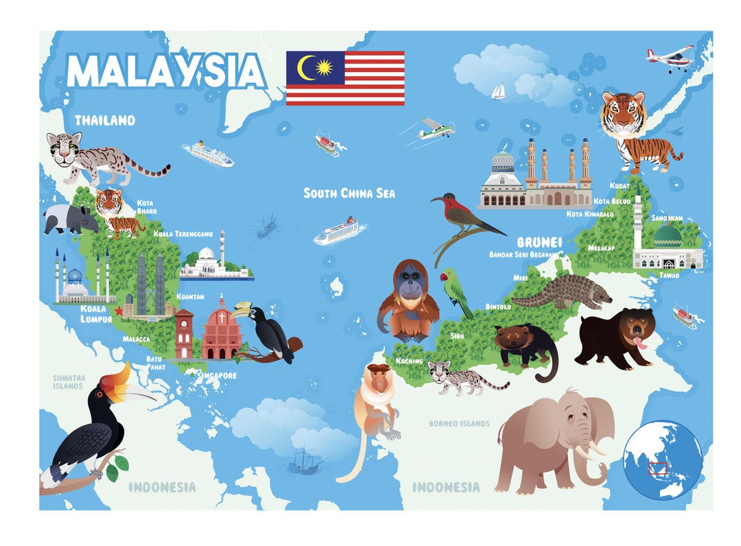 MALAYSIA CARTOON MAP | Malaysia Travel Map | Digital Malaysia Map ...