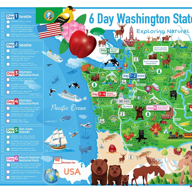 Illustrated Washington State Map With Wildlife & Landmarks ( Digital ...