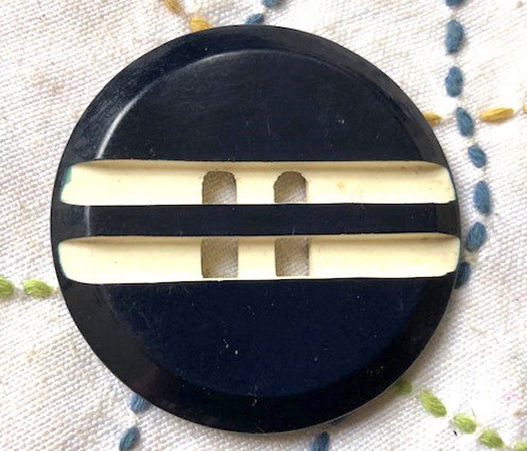 Large Dark Blue White Carved Casein Button 1930's - Etsy