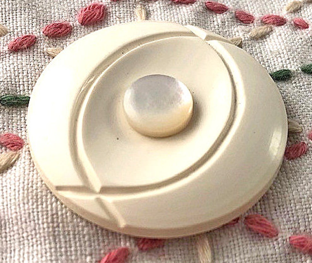 White Carved Casein Button With Mother of Pearl 1930's - Etsy