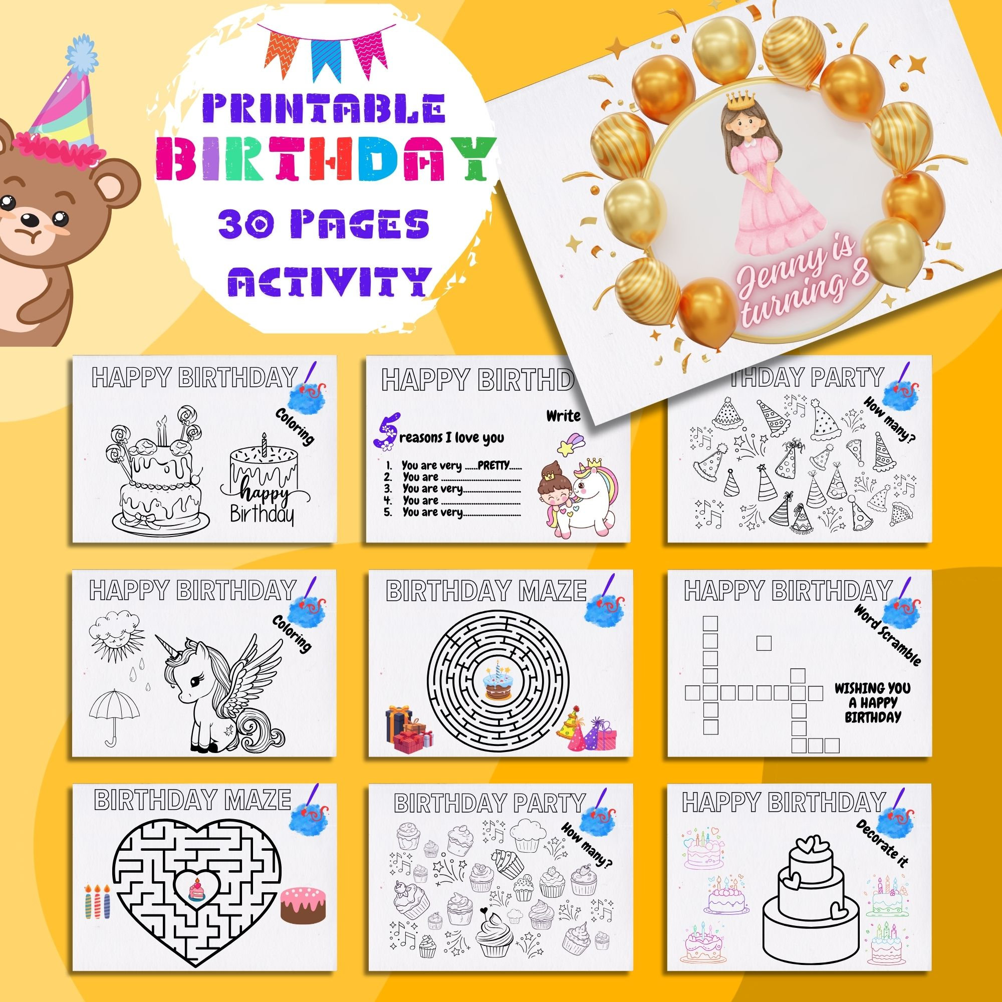 Birthday Coloring Book, 30 Activity Pages, Personalized, Printable ...