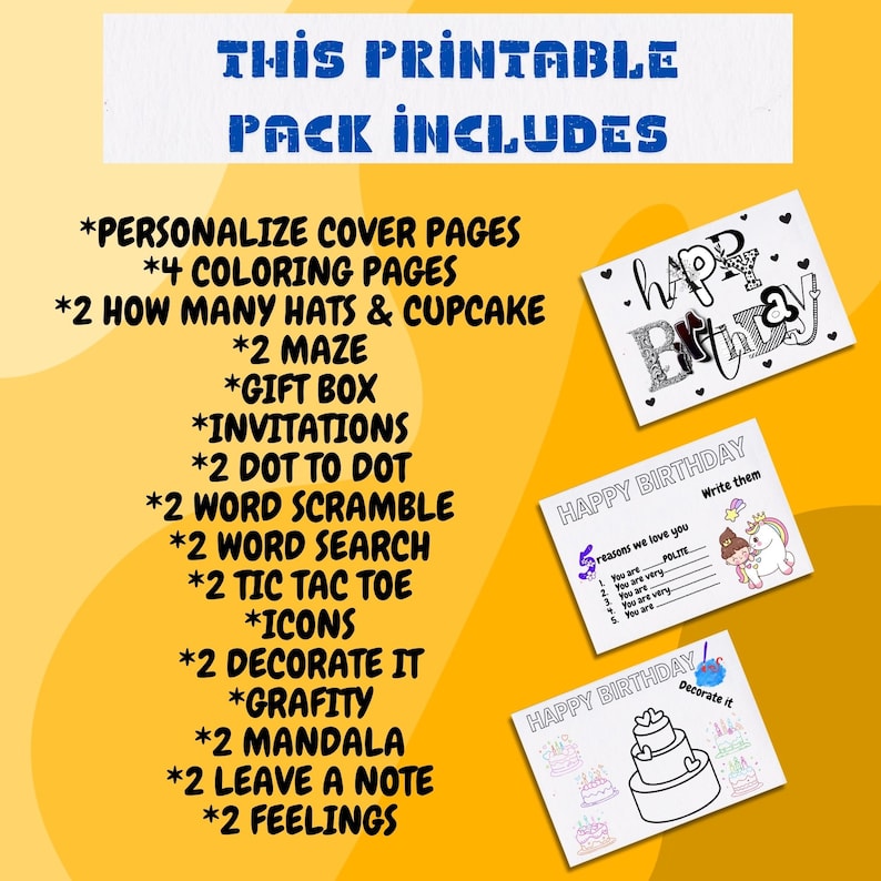 Birthday Coloring Book, 30 Activity Pages, Personalized, Printable ...