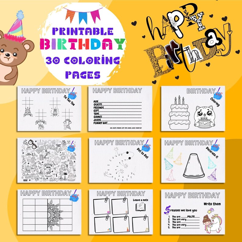 Birthday Coloring Book, 30 Activity Pages, Personalized, Printable ...