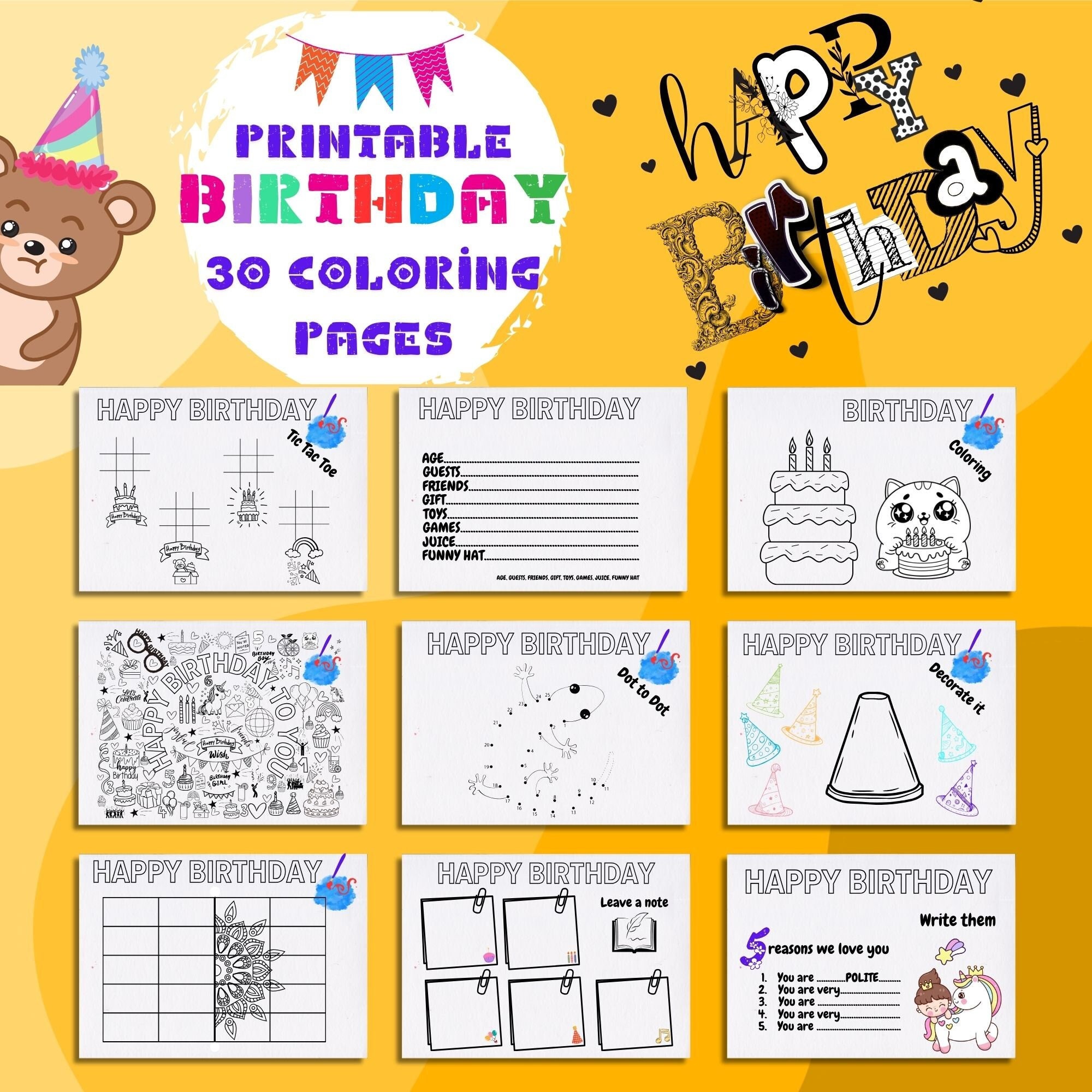 Birthday Coloring Book, 30 Activity Pages, Personalized, Printable ...