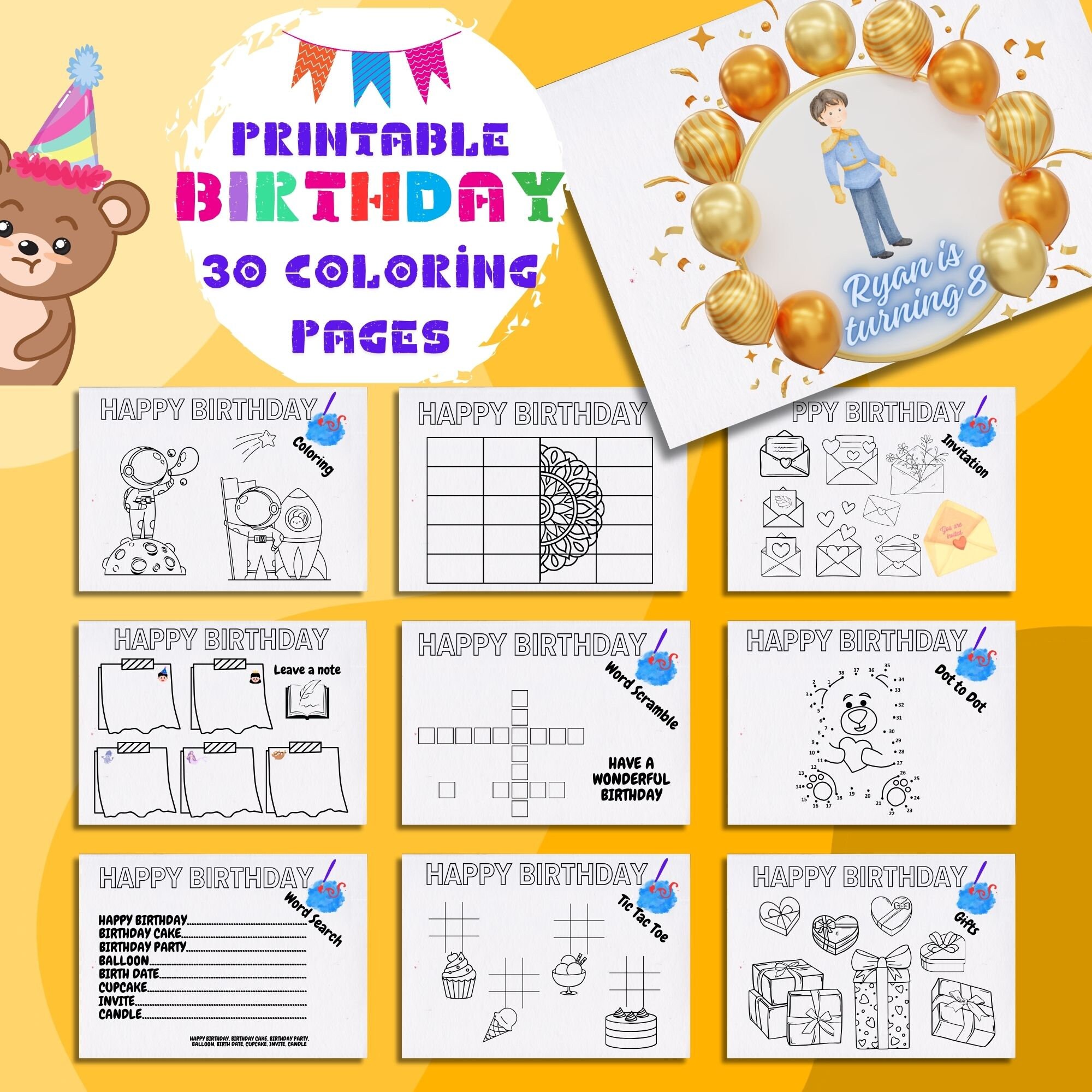 Birthday Coloring Book, 30 Activity Pages, Personalized, Printable ...