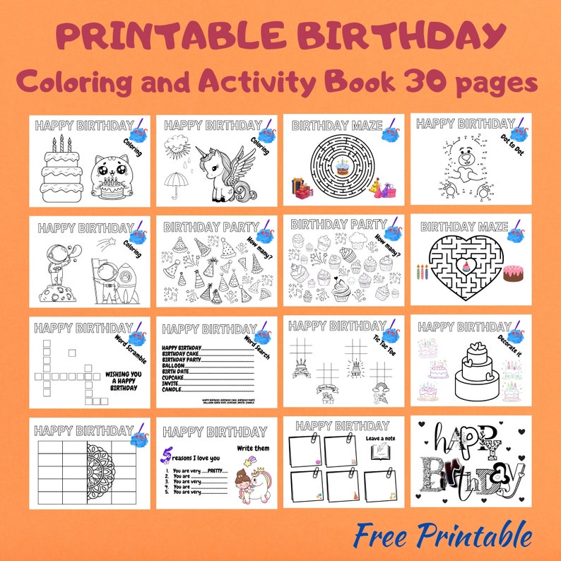 Birthday Coloring Book, 30 Activity Pages, Personalized, Printable ...