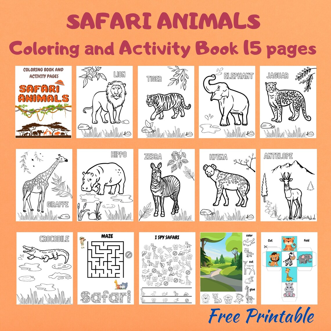 Safari Animals 15 Coloring Pages for Kids, Safari Animals Activity ...