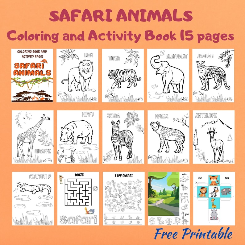 Safari Animals 15 Coloring Pages for Kids, Safari Animals Activity ...