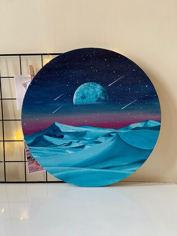 Round Canvas Painting Desert Moon - Etsy