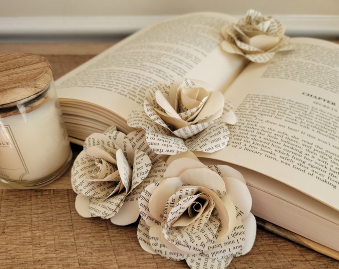 Vintage Book Page Roses Stemless, Literary Wedding Home Decor ...