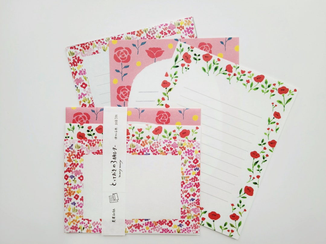 Red Flowers Letter Set, Writing Paper and Envelope, Kawaii Japanese ...