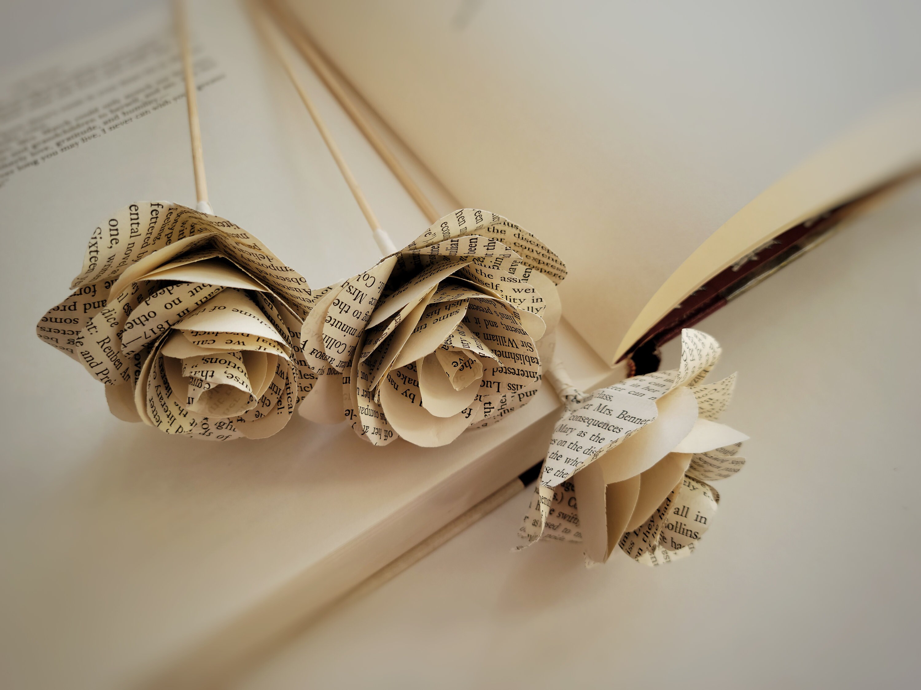 Book Page Roses With Stem Vintage Paper Flowers Literary - Etsy