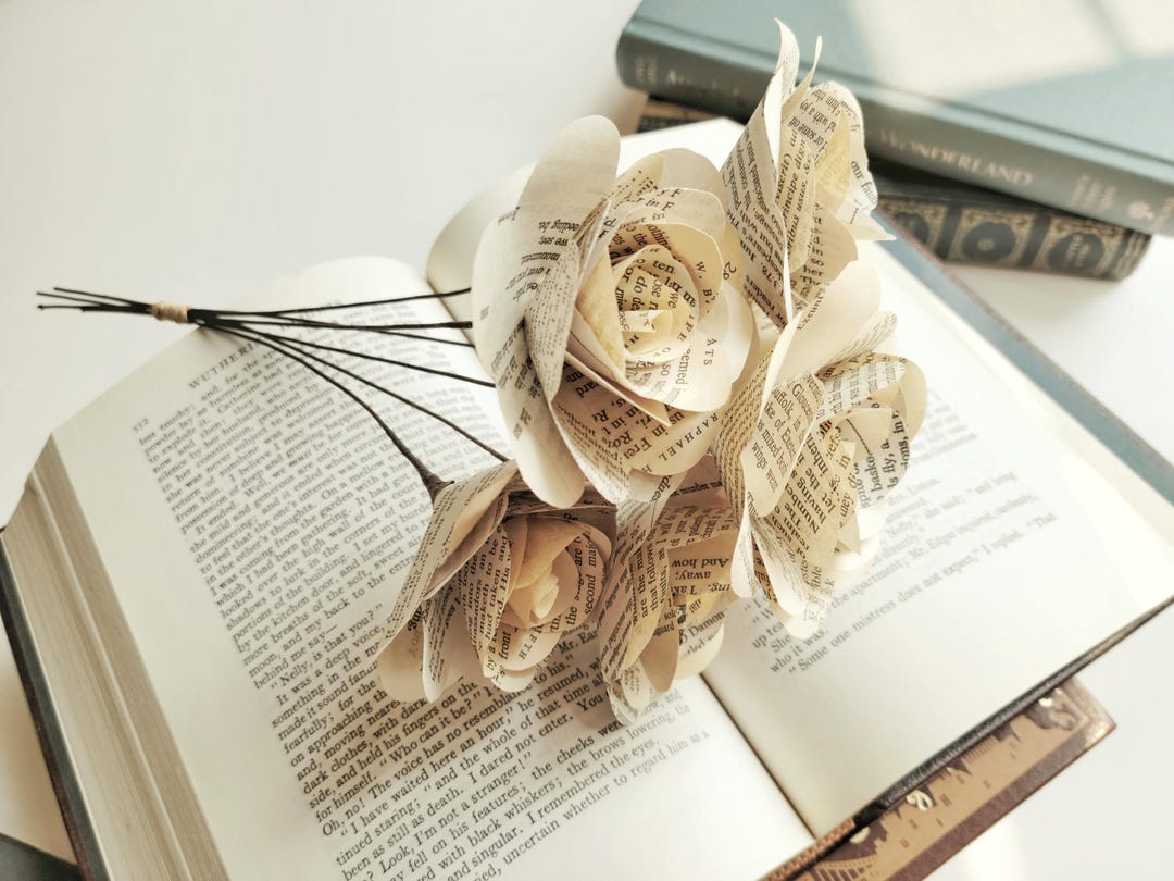 Book Page Roses With Stem, Vintage Paper Flowers, Literary Wedding ...